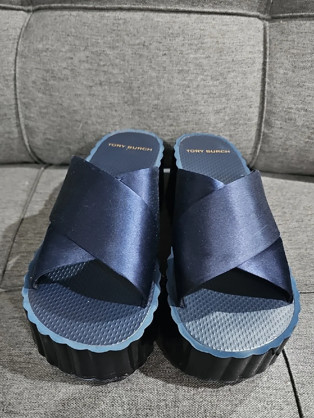 Tory Burch | Shoes | Tory Burch Navy Satin Crossband Slides With Gold ...